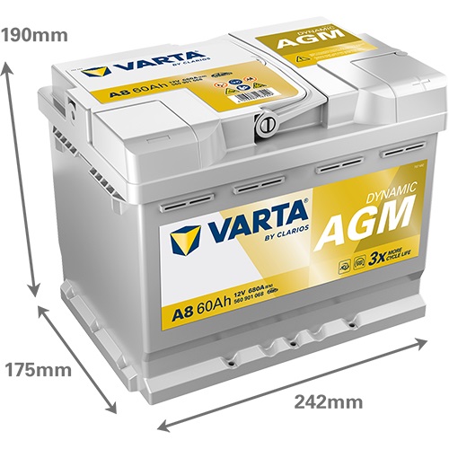 Varta Dynamic AGM A8 Autobatterie, 60 Ah, 680 A, 12 V - ATU